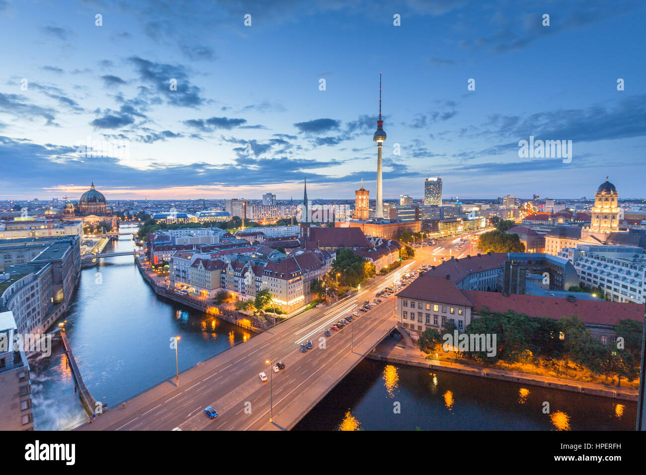 Classic aerial view of Berlin skyline with famous TV tower and Spree ...