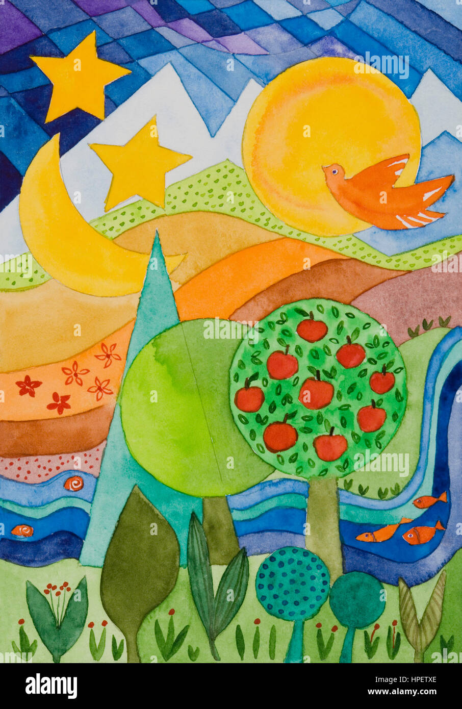 Aquarelle by Heidrun Füssenhäuser, Genesis, 'the seventh day', 'God ...