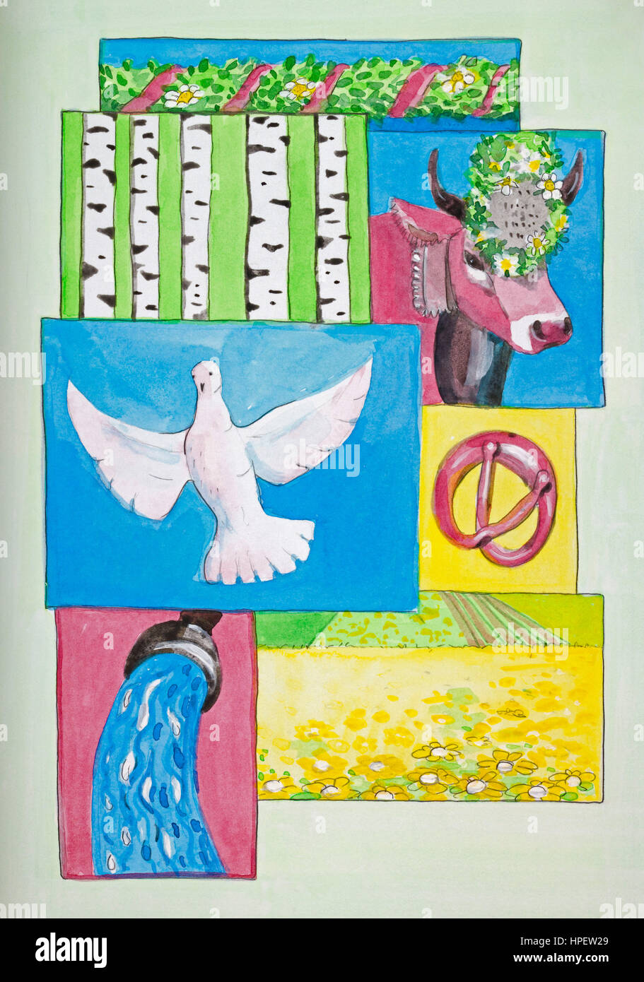 Paintings by Regine Martin, mixed technique, Pentecost, adorned ox ...