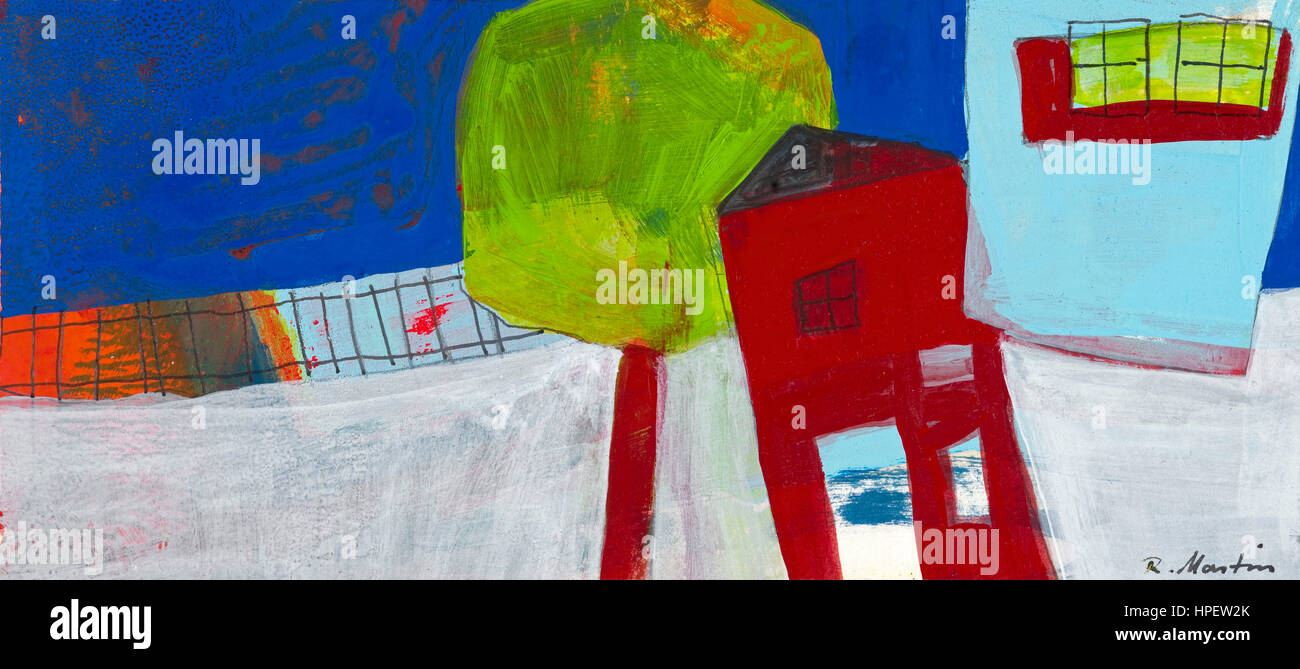 Paintings by Regine Martin, mixed technique, red house, tree, wrong ...