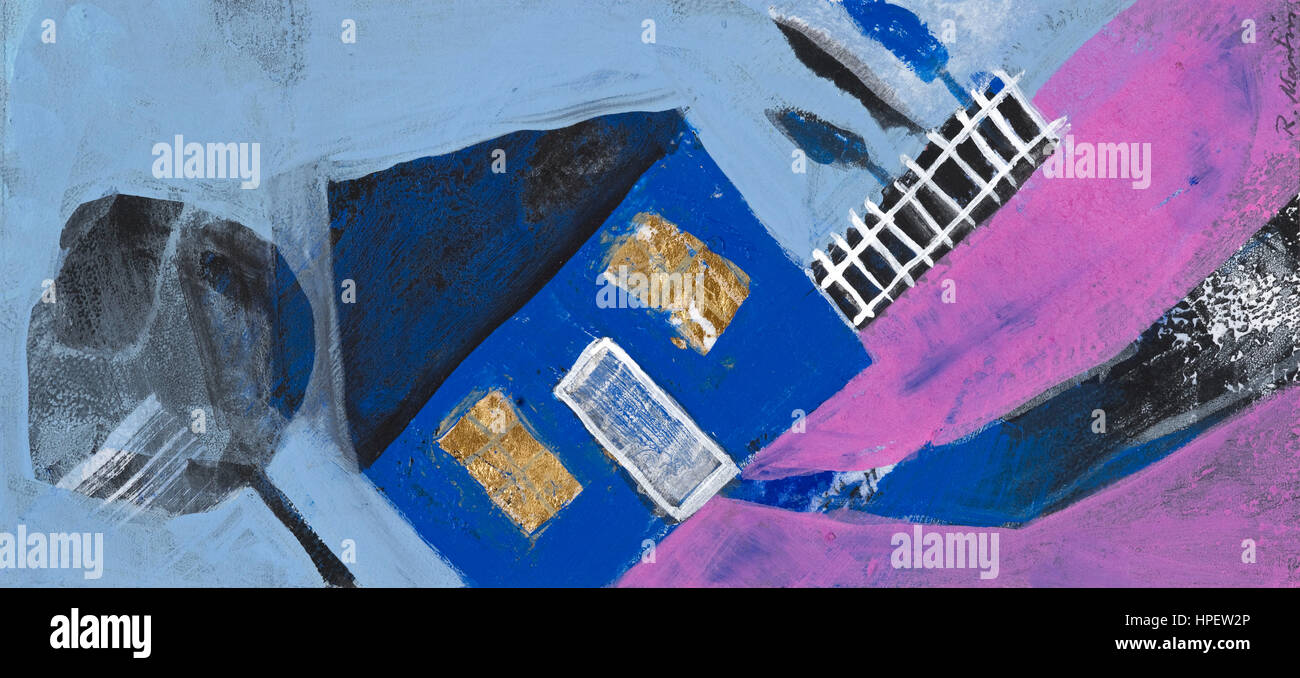 Paintings by Regine Martin, mixed technique, blue house, garden, tree ...