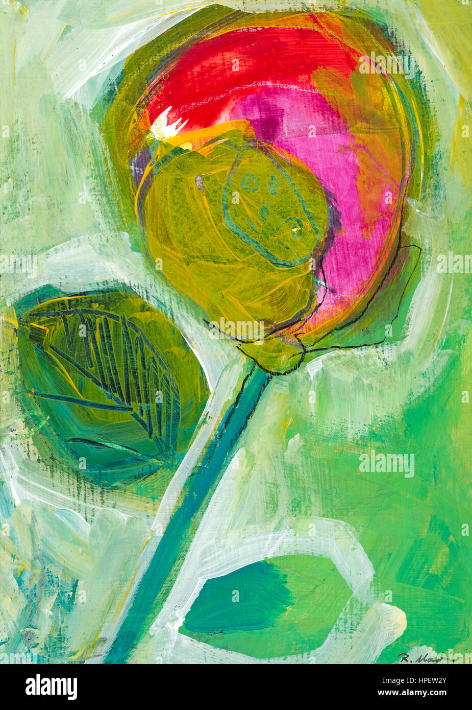 Paintings by Regine Martin, mixed technique, Flower, Bud, abstract ...
