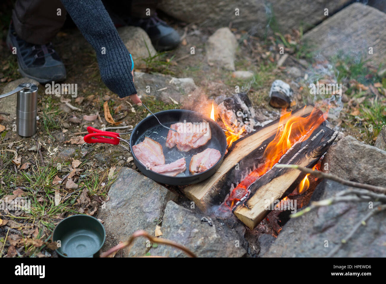 Cropped image of woman cooking meat over bonfire at campsite Stock ...