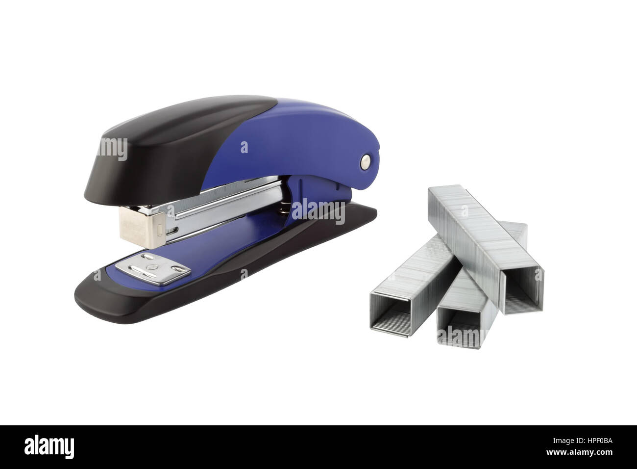 Blue stapler and staples isolated on white background Stock Photo - Alamy