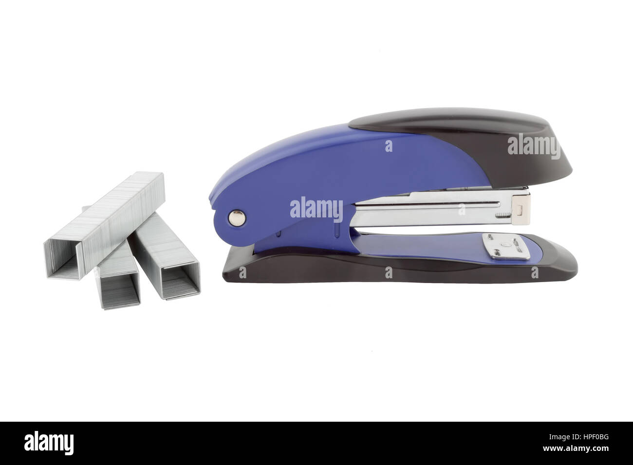Blue stapler and staples isolated on white background Stock Photo - Alamy