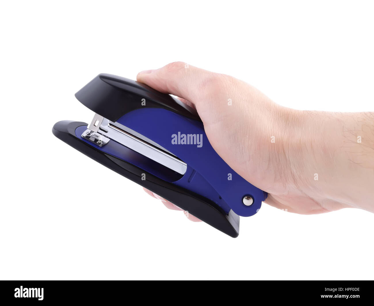 Hand holding blue stapler isolated with clipping path Stock Photo - Alamy