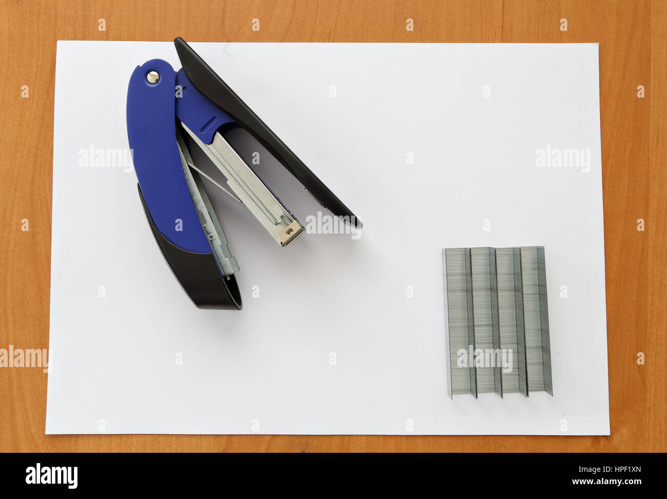 Blue stapler and staples with paper on wood table Stock Photo - Alamy