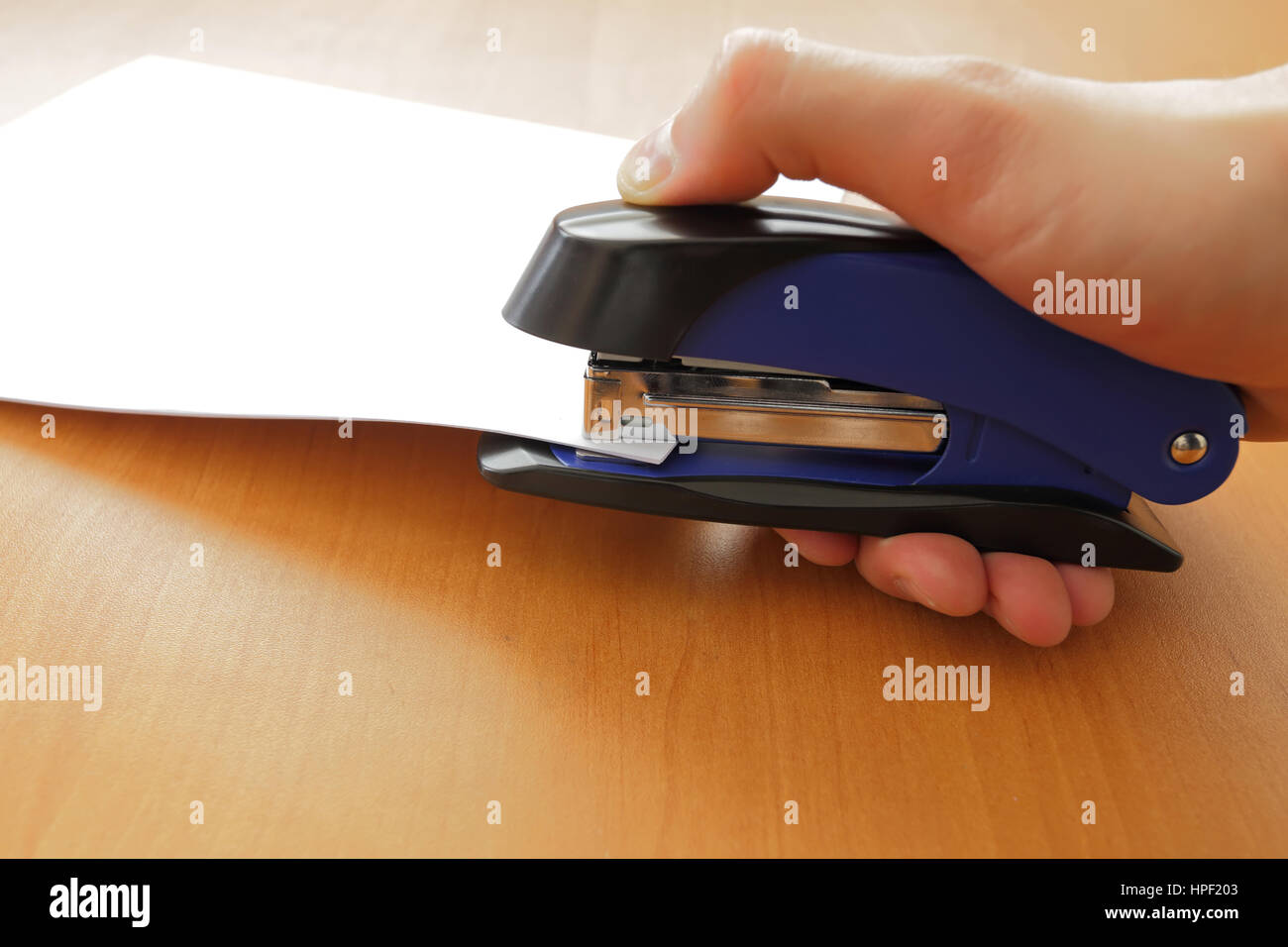 Hand holding blue stapler stapling papers closeup view Stock Photo - Alamy