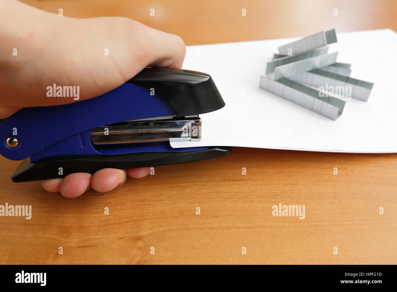 Hand holding blue stapler stapling papers closeup view Stock Photo - Alamy