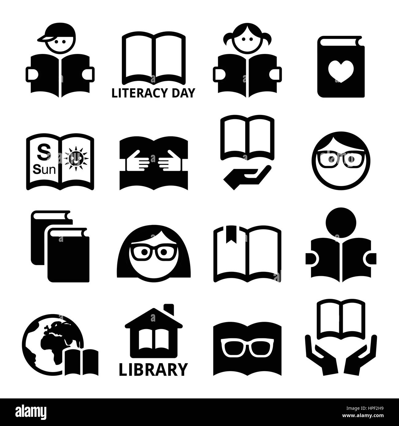 Children and adults reading books, International Literacy Day icons ...