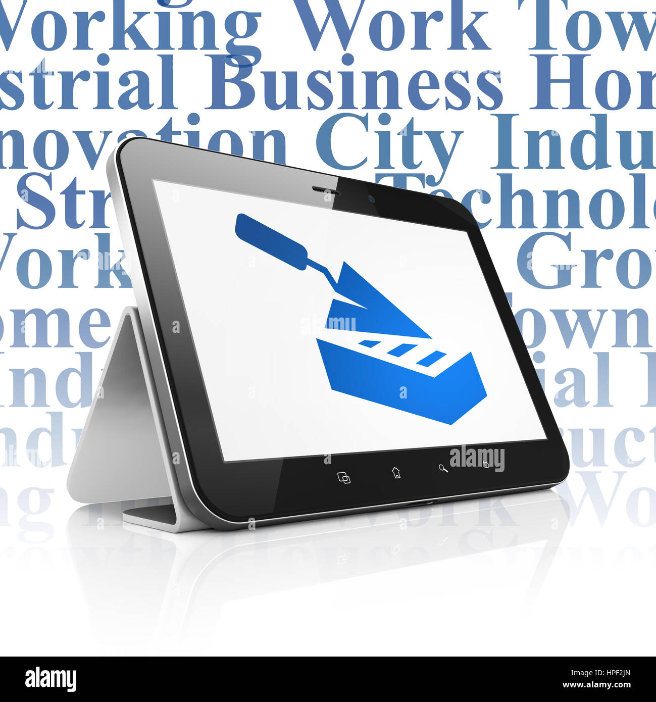 Building construction concept: Tablet Computer with blue Brick Wall ...
