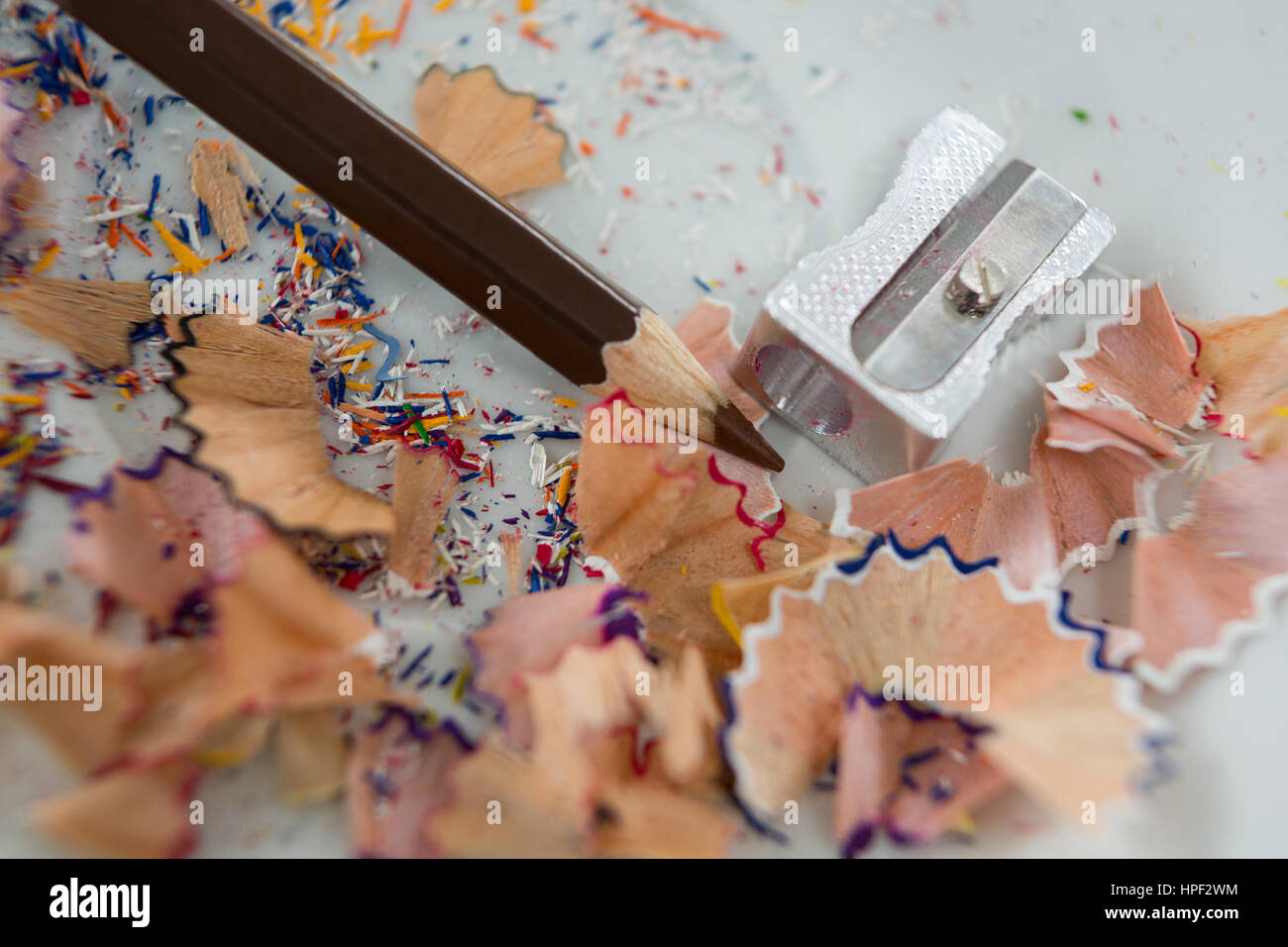 Close-up of colored shavings with brown color pencil and sharpener in ...