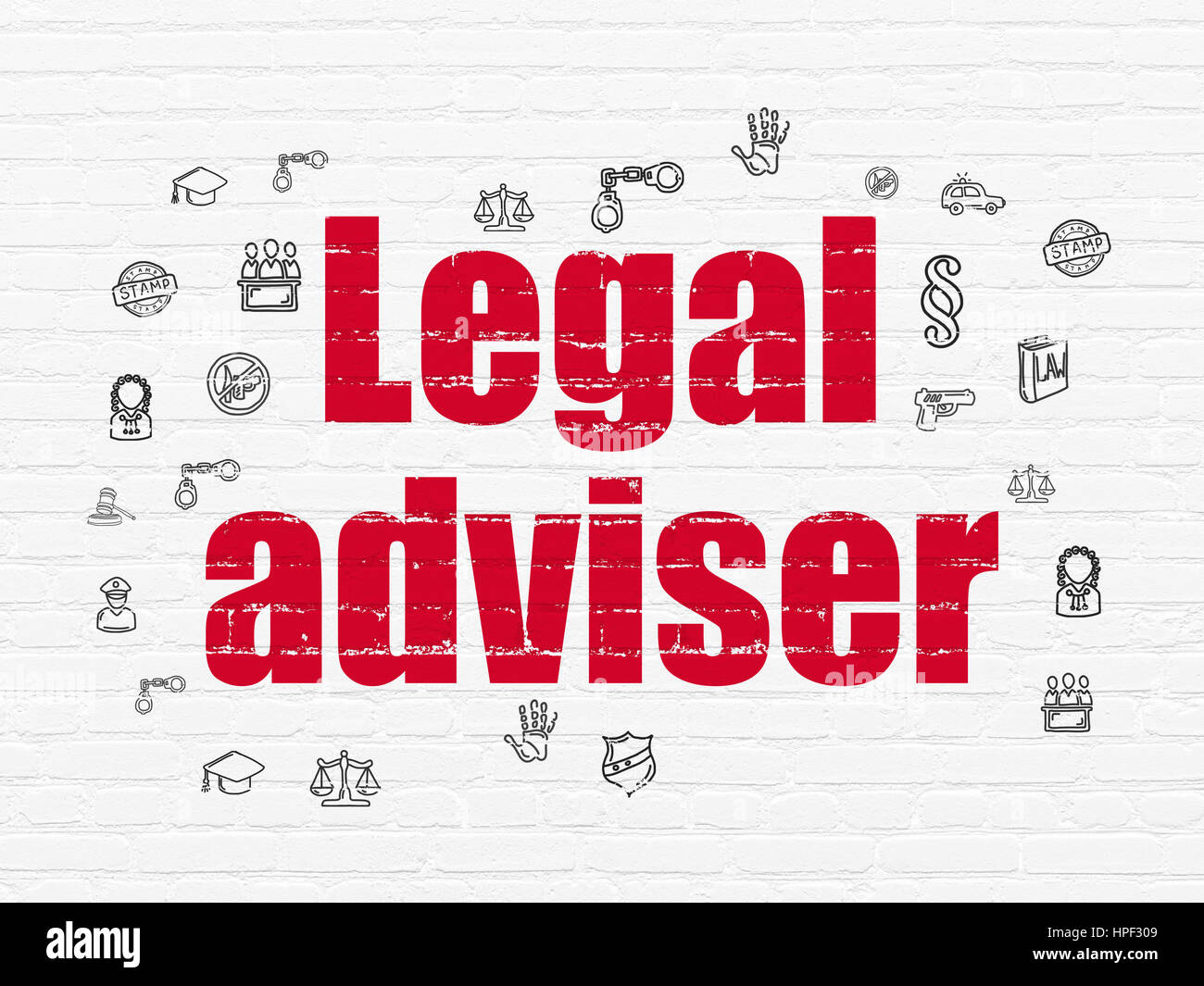 Law concept: Painted red text Legal Adviser on White Brick wall ...