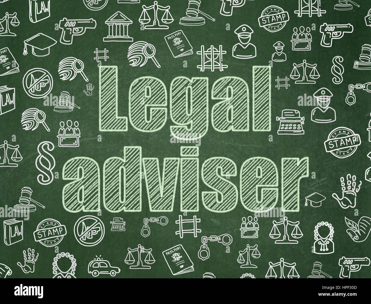 Law concept: Chalk Green text Legal Adviser on School board background with Hand Drawn Law Icons ...