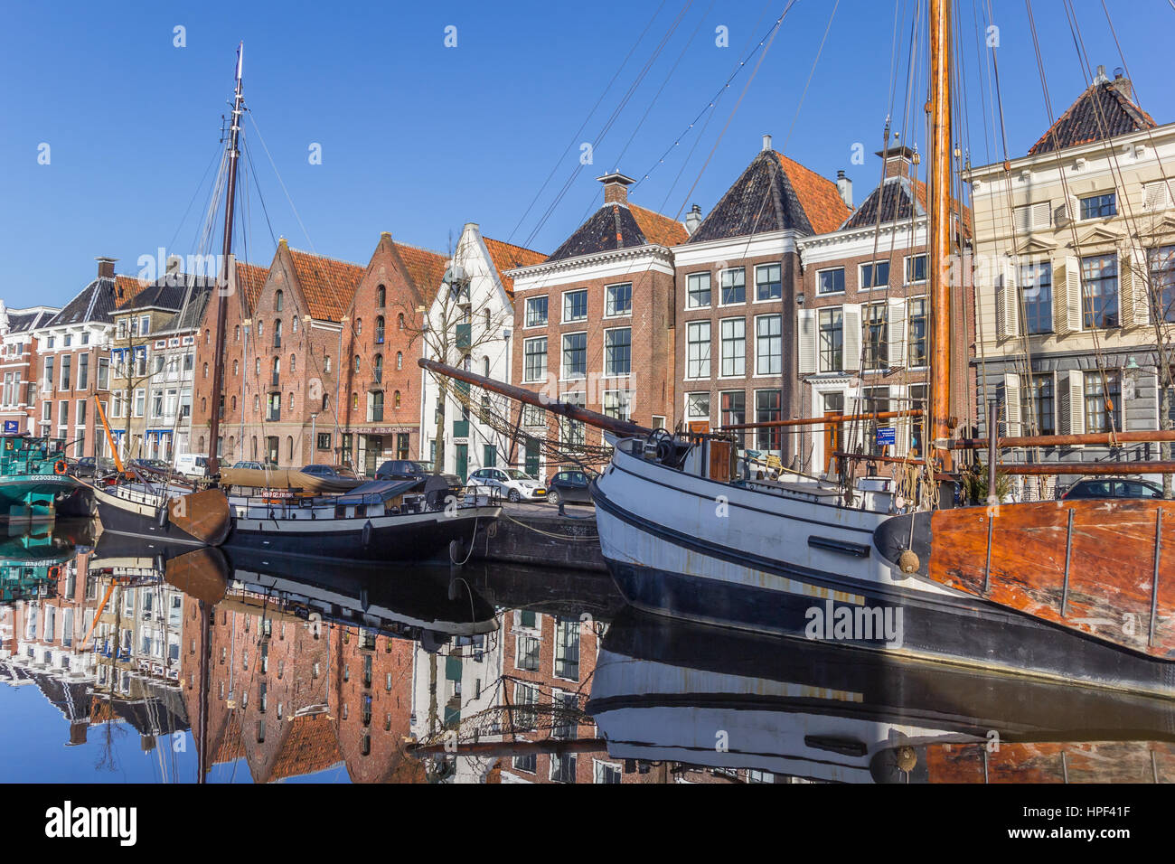 Old ships and warehouses in the historical center of Groningen ...