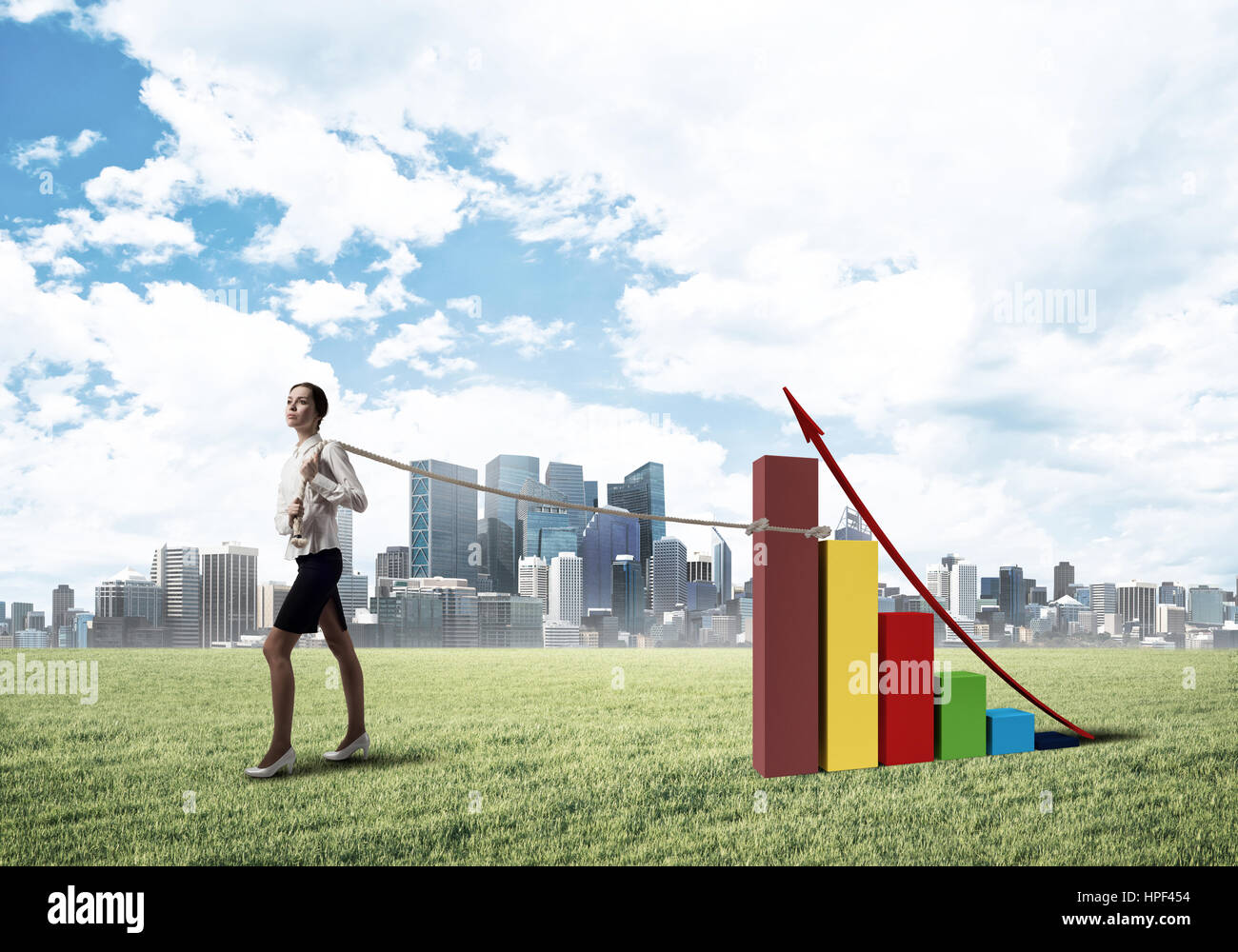 Young woman outdoors and growing graph presenting growth progress Stock ...