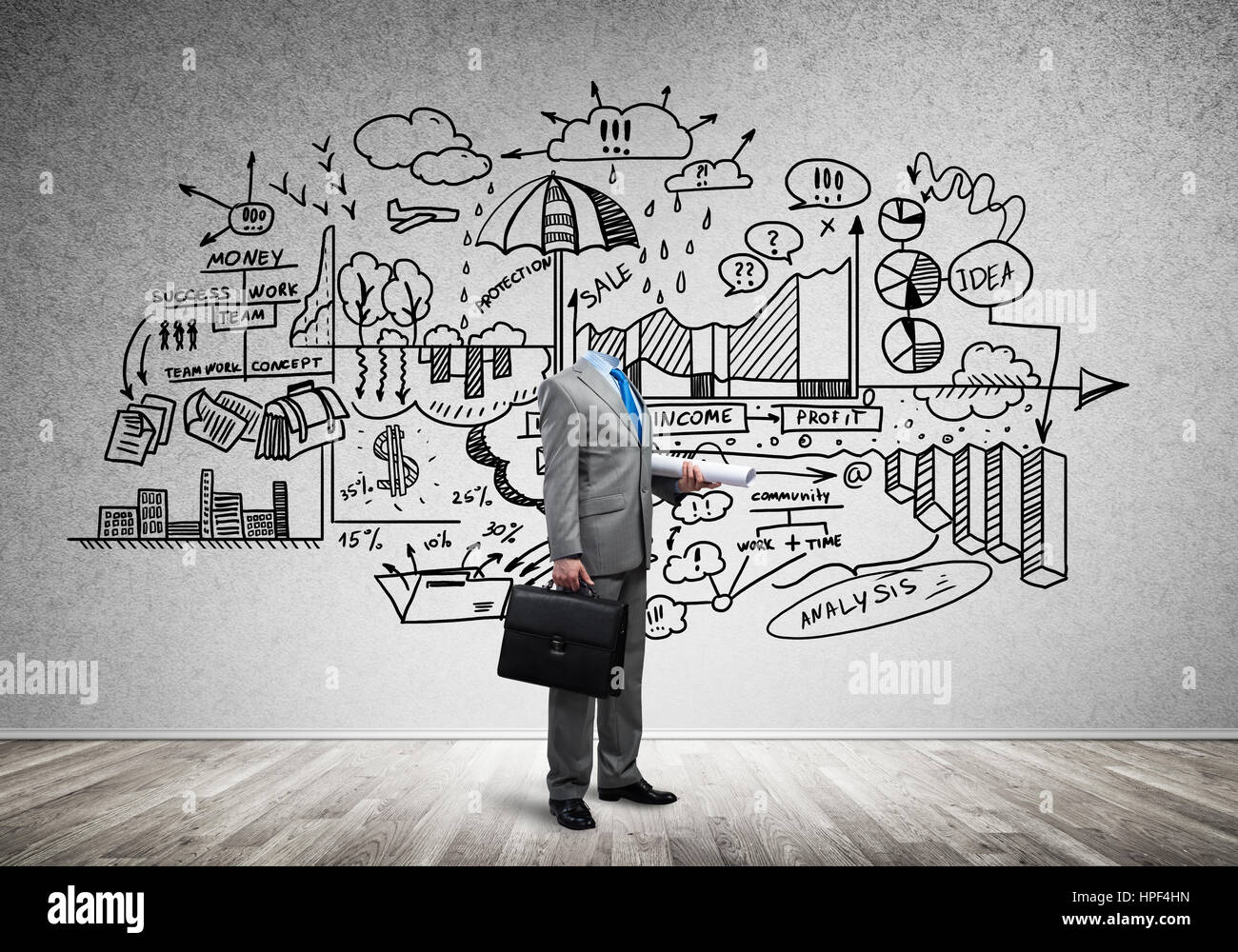 Headless engineer man with papers in hand against sketched background ...