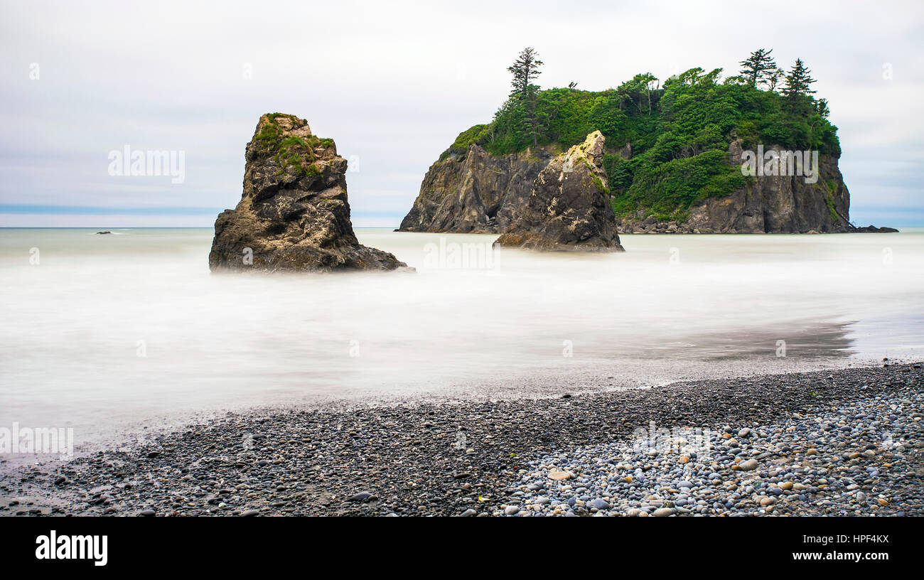 Long exposure of several sea stacks at Ruby Beach in Washington state ...