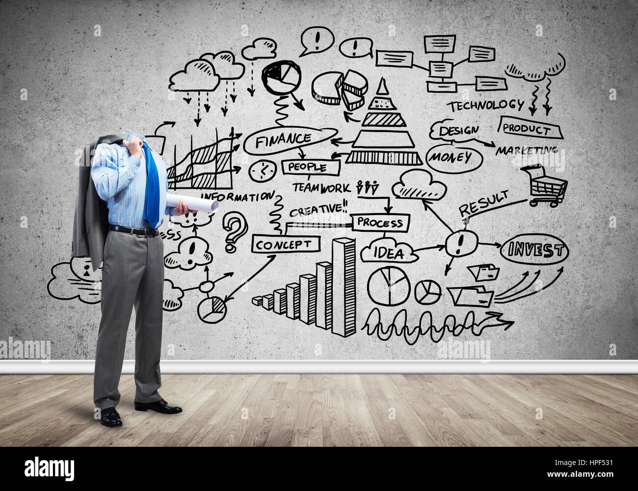 Headless engineer man with papers in hand against sketched background ...