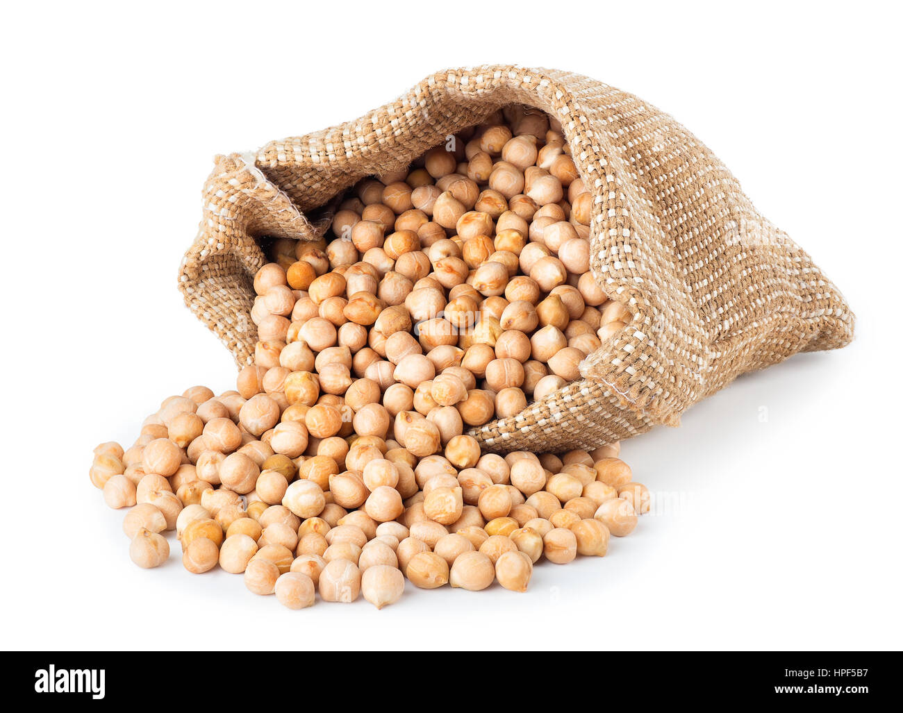 Dry chickpeas in sack isolated on white background. Chickpeas in burlap ...