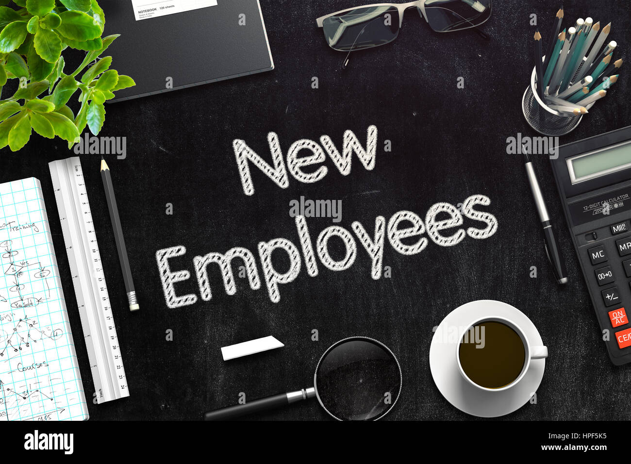 New Employees Handwritten on Black Chalkboard. Top View of Black Office ...