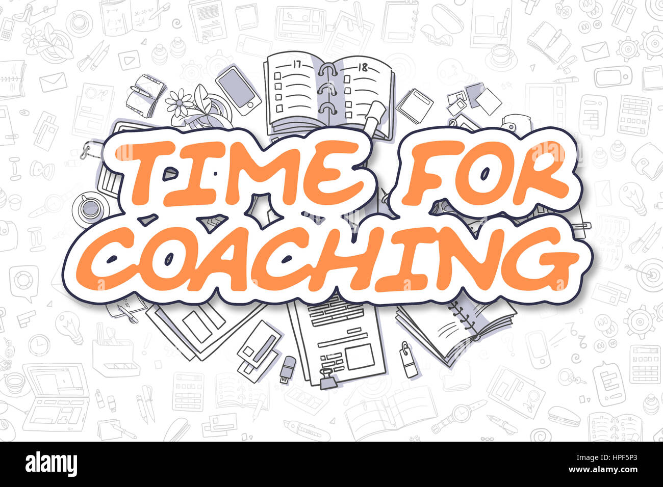 Cartoon Illustration of Time For Coaching, Surrounded by Stationery ...