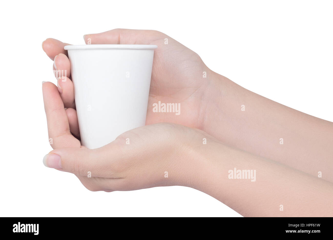 Hands holding white paper cup isolated on white background. Female ...