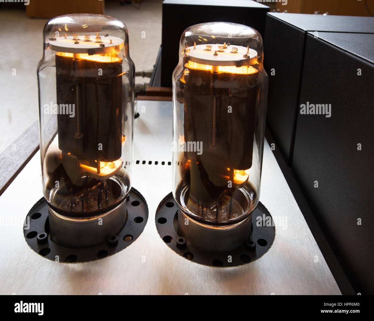 Vintage retro music amplifier with glass lamps with light turn on Stock ...