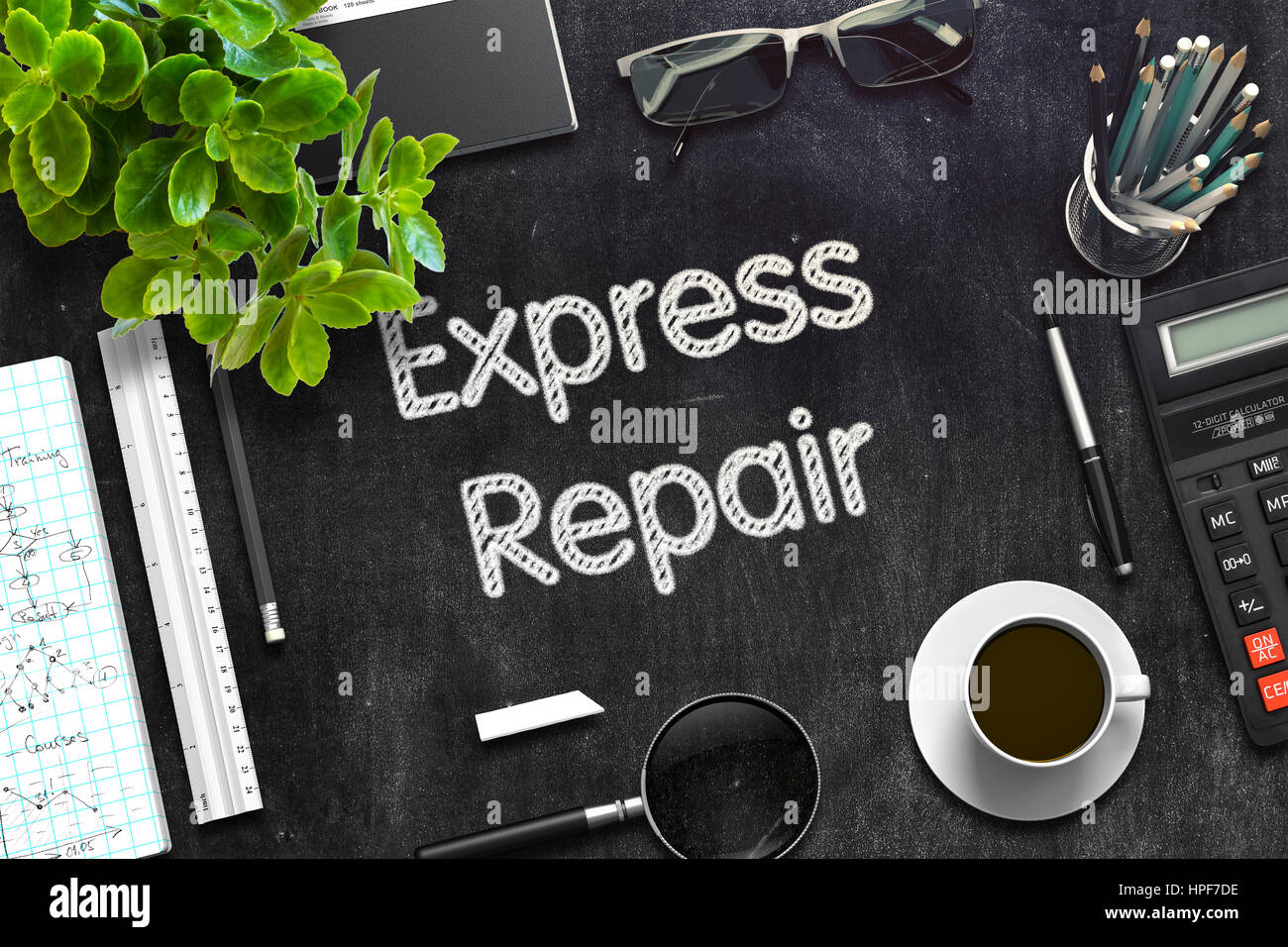 Express Repair - Black Chalkboard with Hand Drawn Text and Stationery ...