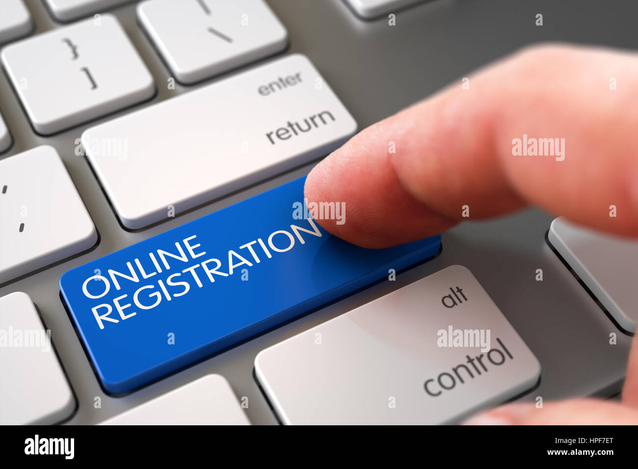 Online Registration Concept - Laptop Keyboard with Blue Button. 3D ...