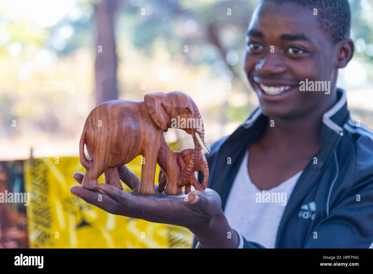 Community craftsmen show off their curios in Zimbabwe near the border ...