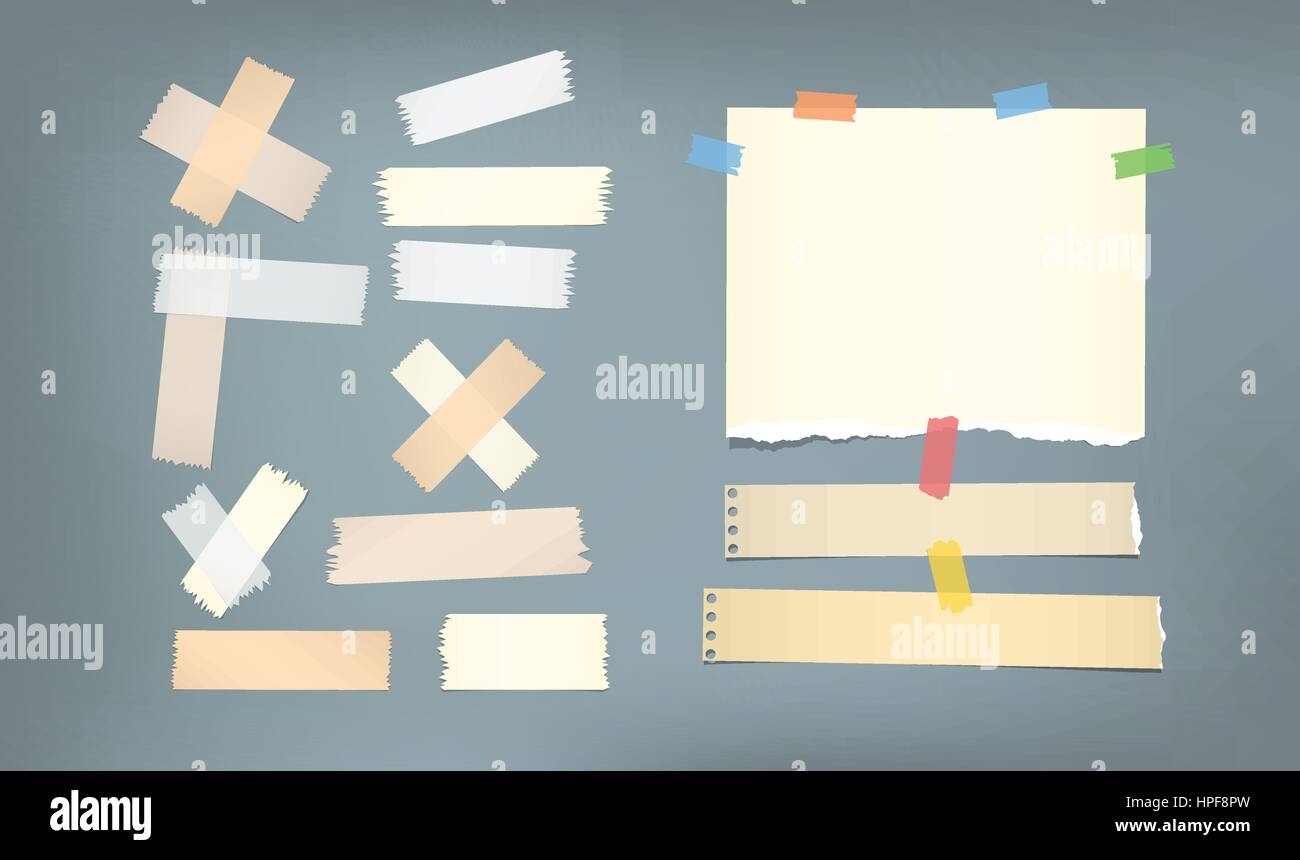 Ripped brown notebook, copybook, note paper strips, sticky, adhesive ...