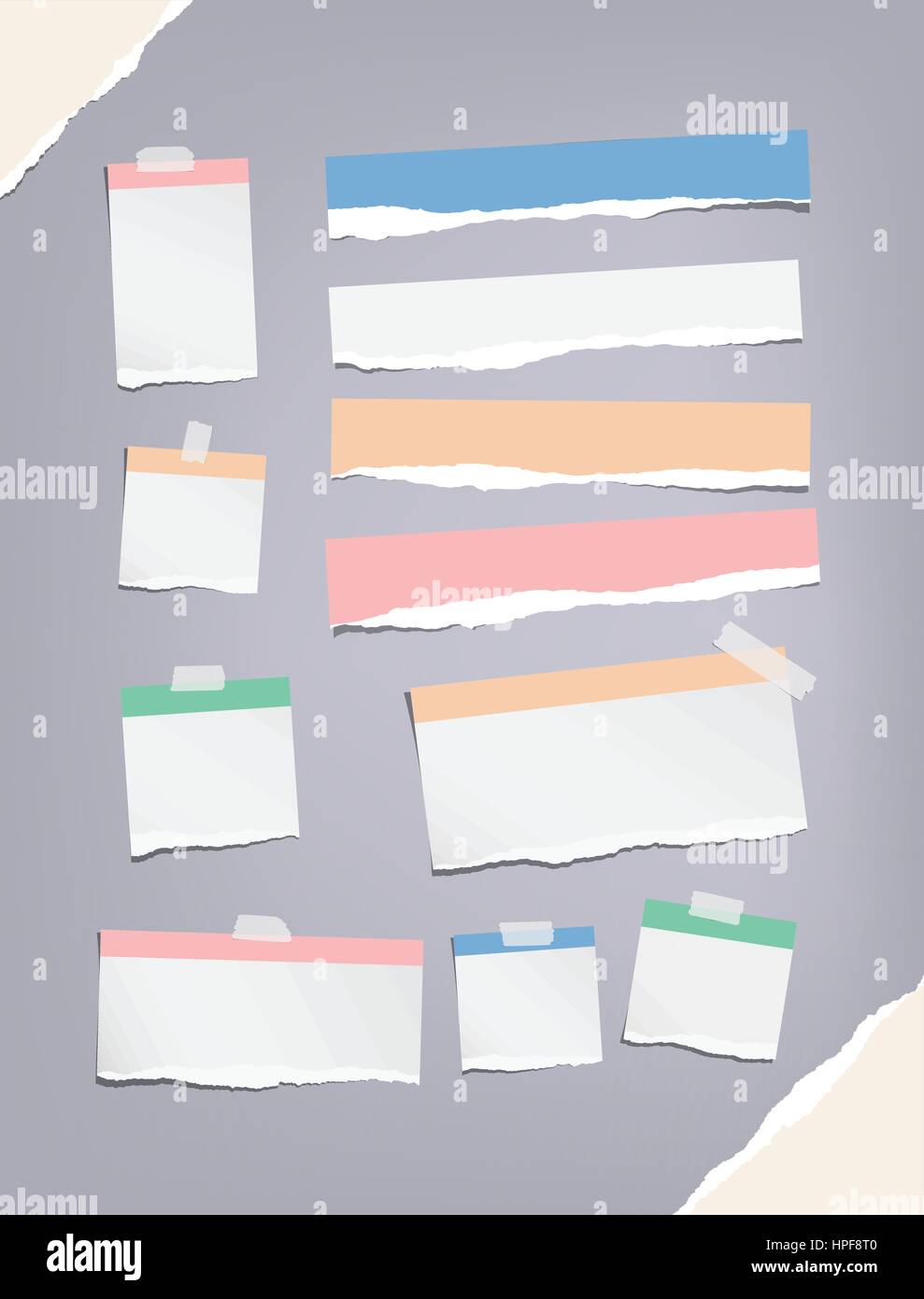 Ripped colorful notebook, copybook, note paper strips, stuck with ...