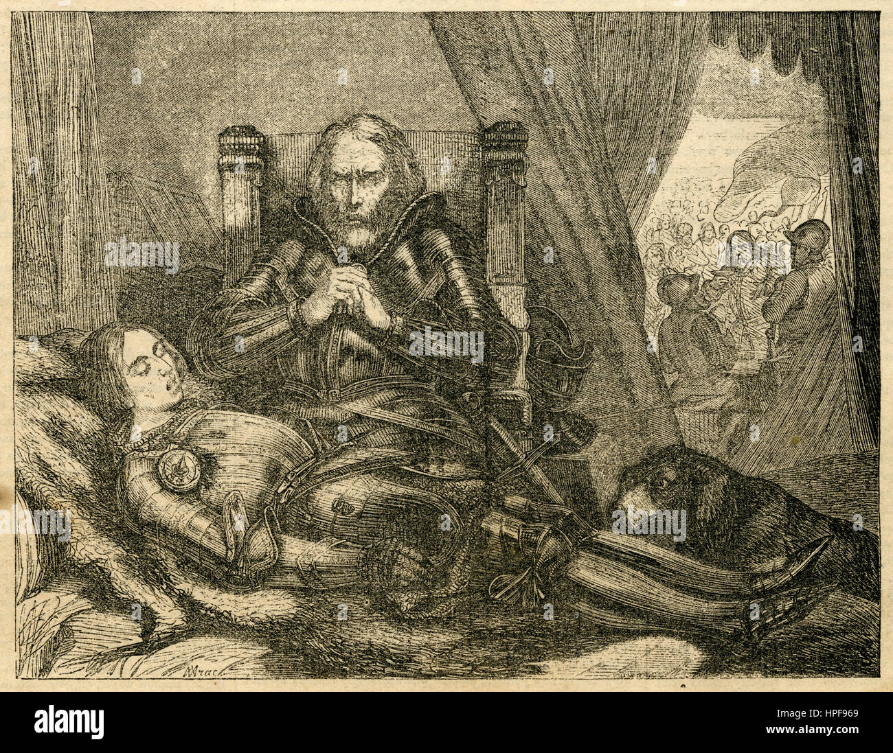 Antique 1854 engraving, "Eberhard the Weeper" mourns his dead son ...