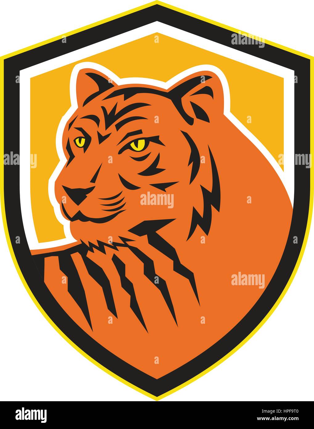 Illustration of a tiger head viewed from front set inside shield crest ...