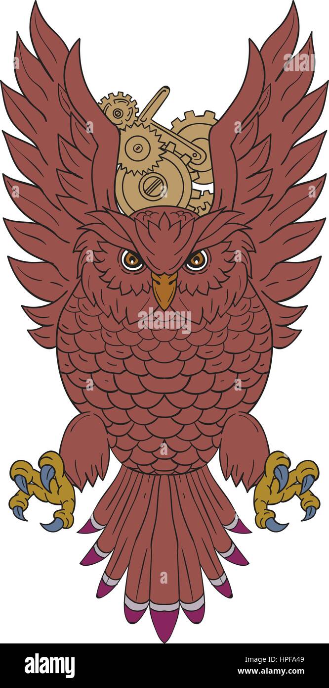 Drawing sketch style illustration of an owl facing front swooping with ...