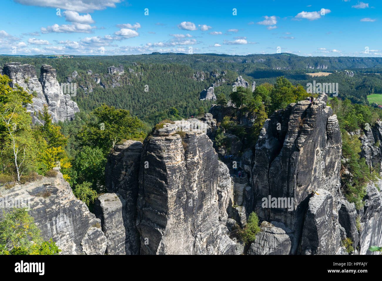 Panoramic view from the Bastei over the Elbe valley, Elbe Sandstone ...