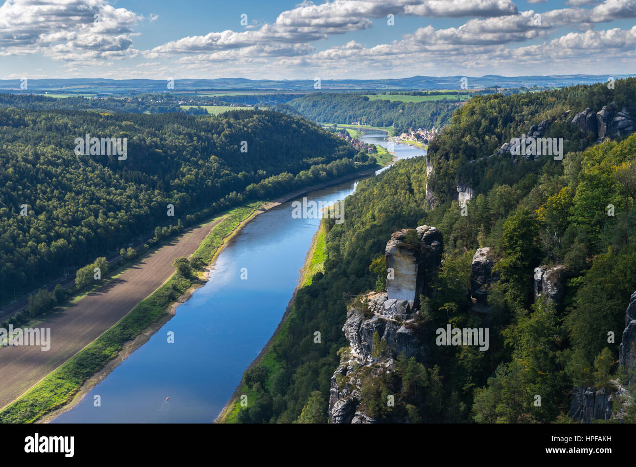 Panoramic view from the Bastei over the Elbe valley, Elbe Sandstone ...