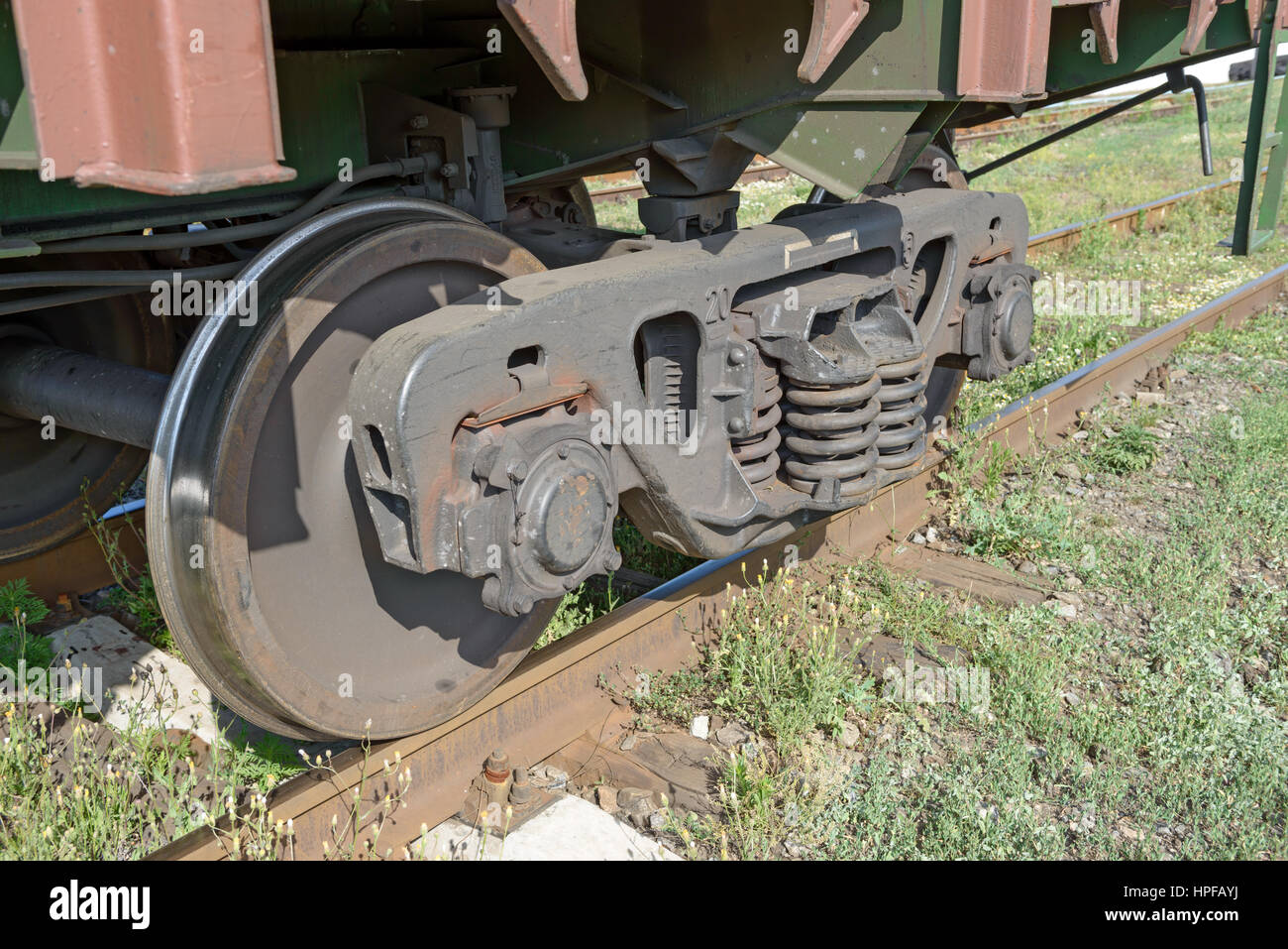 Close-up view of wheels and suspension of Russian cargo wagon Stock ...