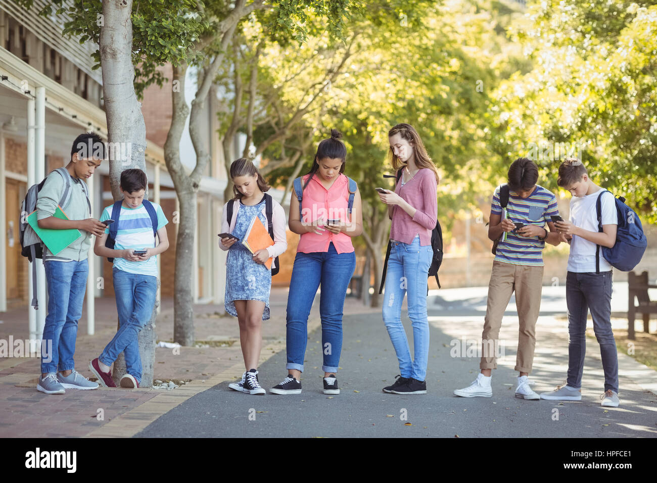 Students using mobile phone on road in campus at school Stock Photo - Alamy
