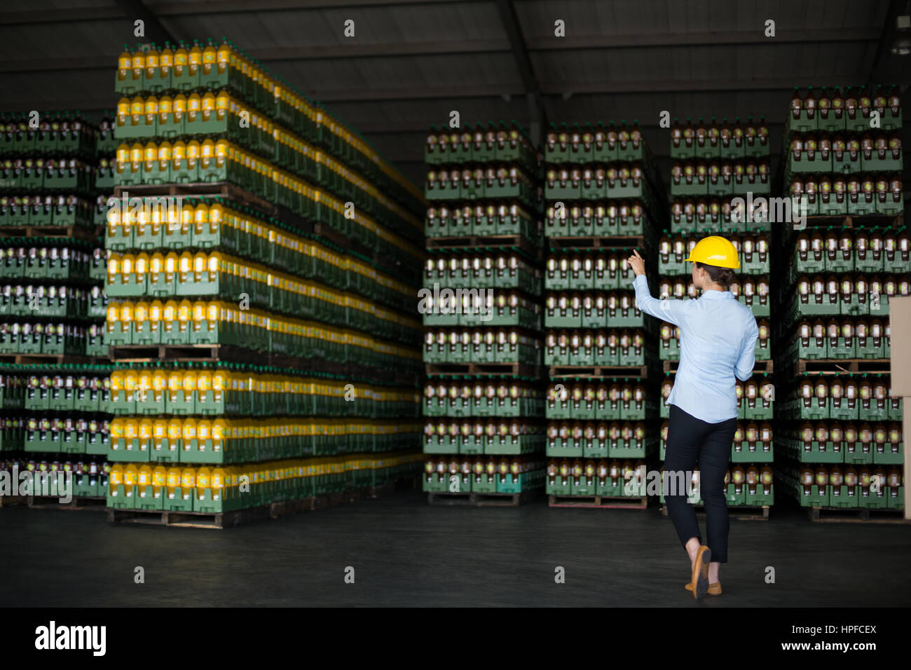 Rear view of female factory worker maintaining in factory Stock Photo ...