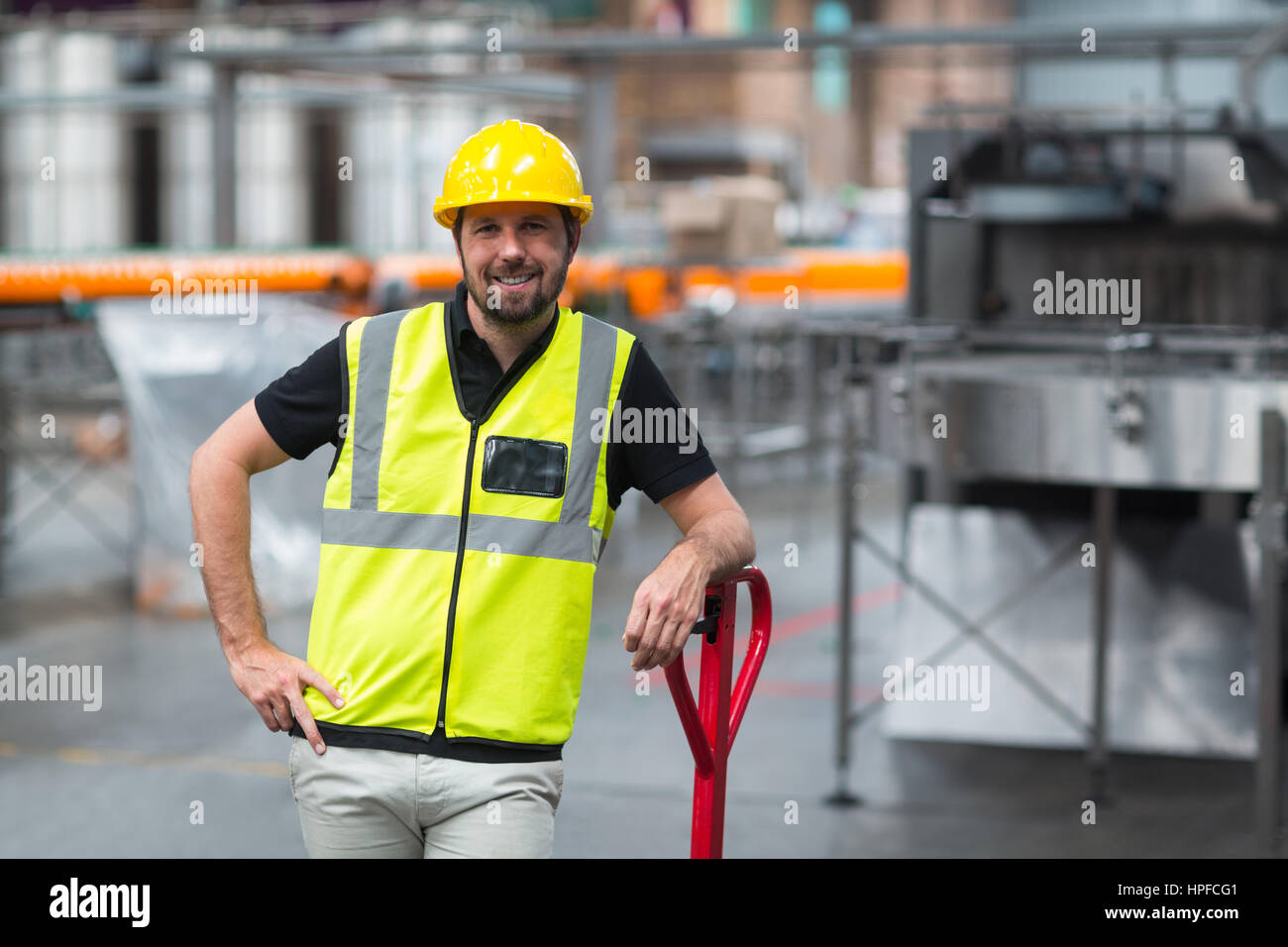 Portrait of smiling factory worker standing with hand on hip in factory ...