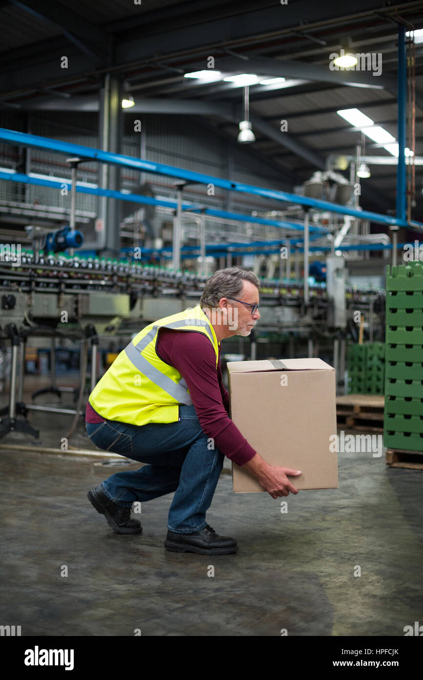 Attentive factory worker carrying cardboard box in drinks production ...