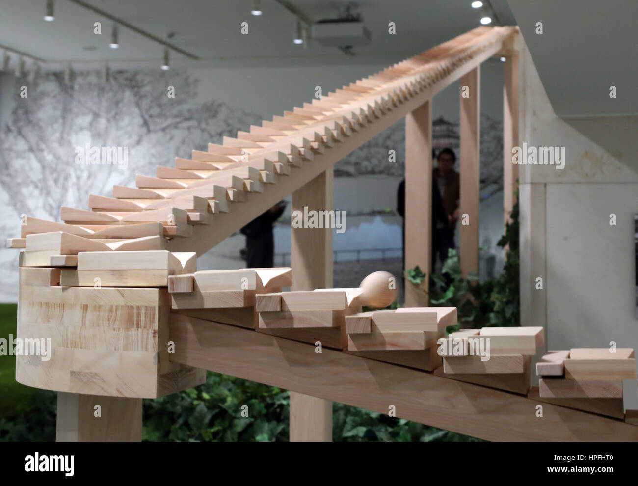 Tokyo, Japan. 21st Feb, 2017. An installation of a 34m long xylophone ...