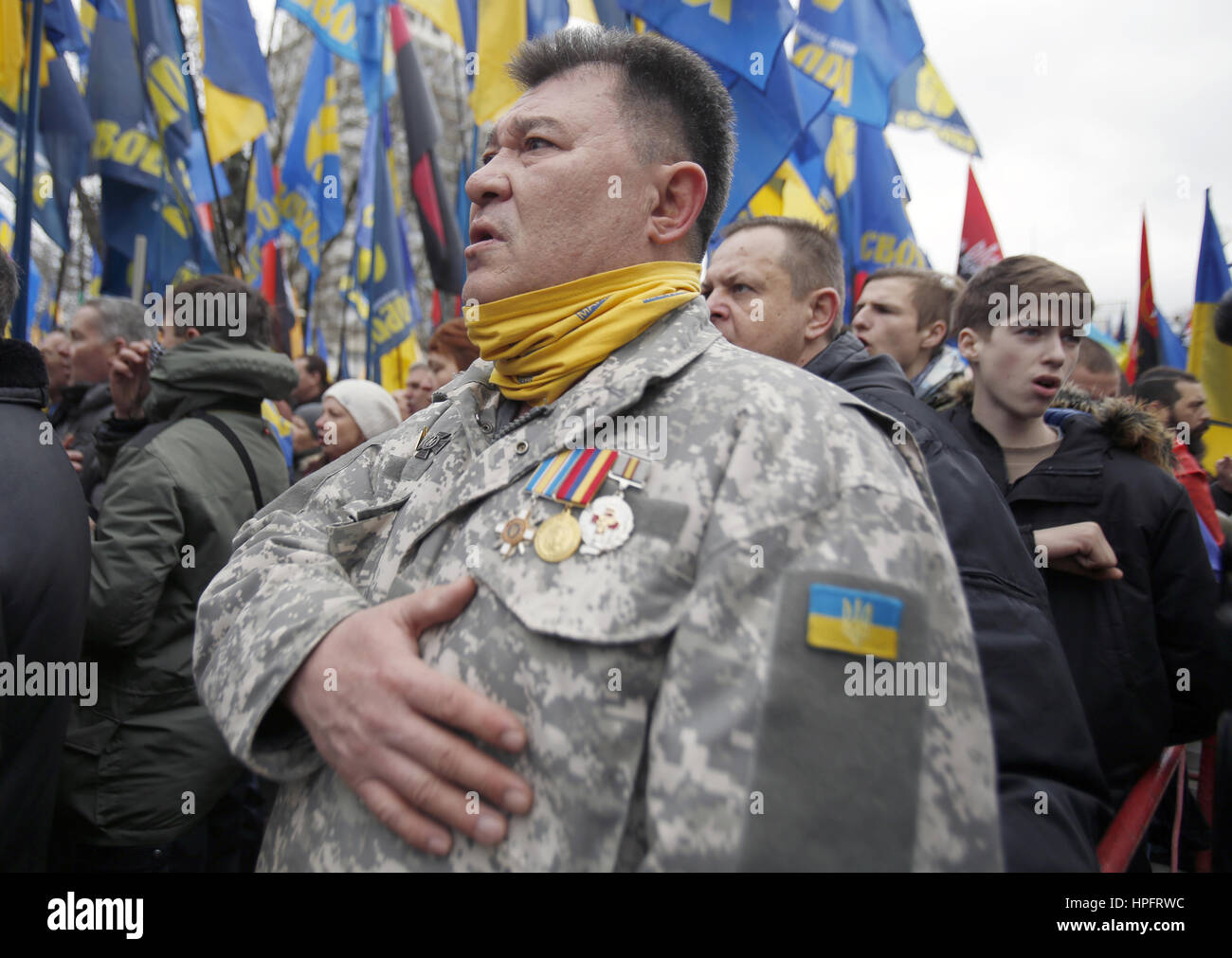 Kiev, Ukraine. 22nd Feb, 2017. Members of nationalist groups ''Right ...