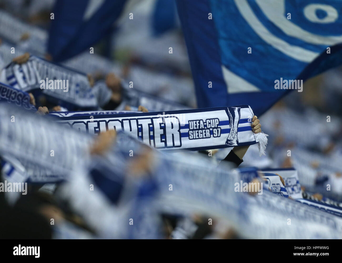 Gelsenkirchen, Germany. 22nd Feb, 2017. Schalke fans holding up a fan ...