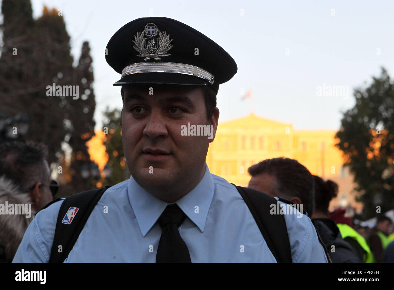Athens, Greece. 22nd Feb, 2017. Greek police officers chants slogans as ...