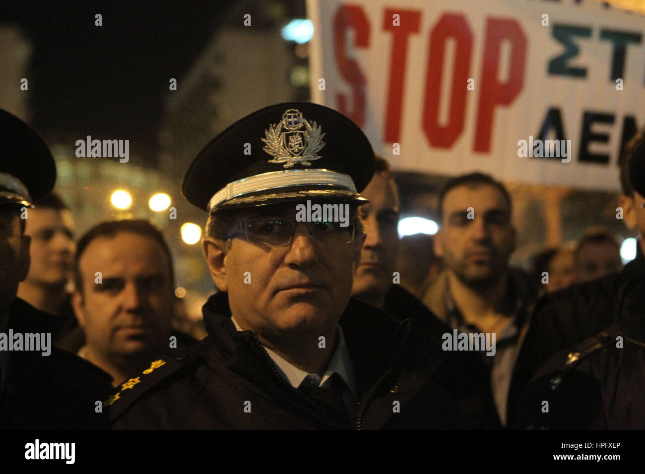 Athens, Greece. 22nd Feb, 2017. Greek police officers chants slogans as ...