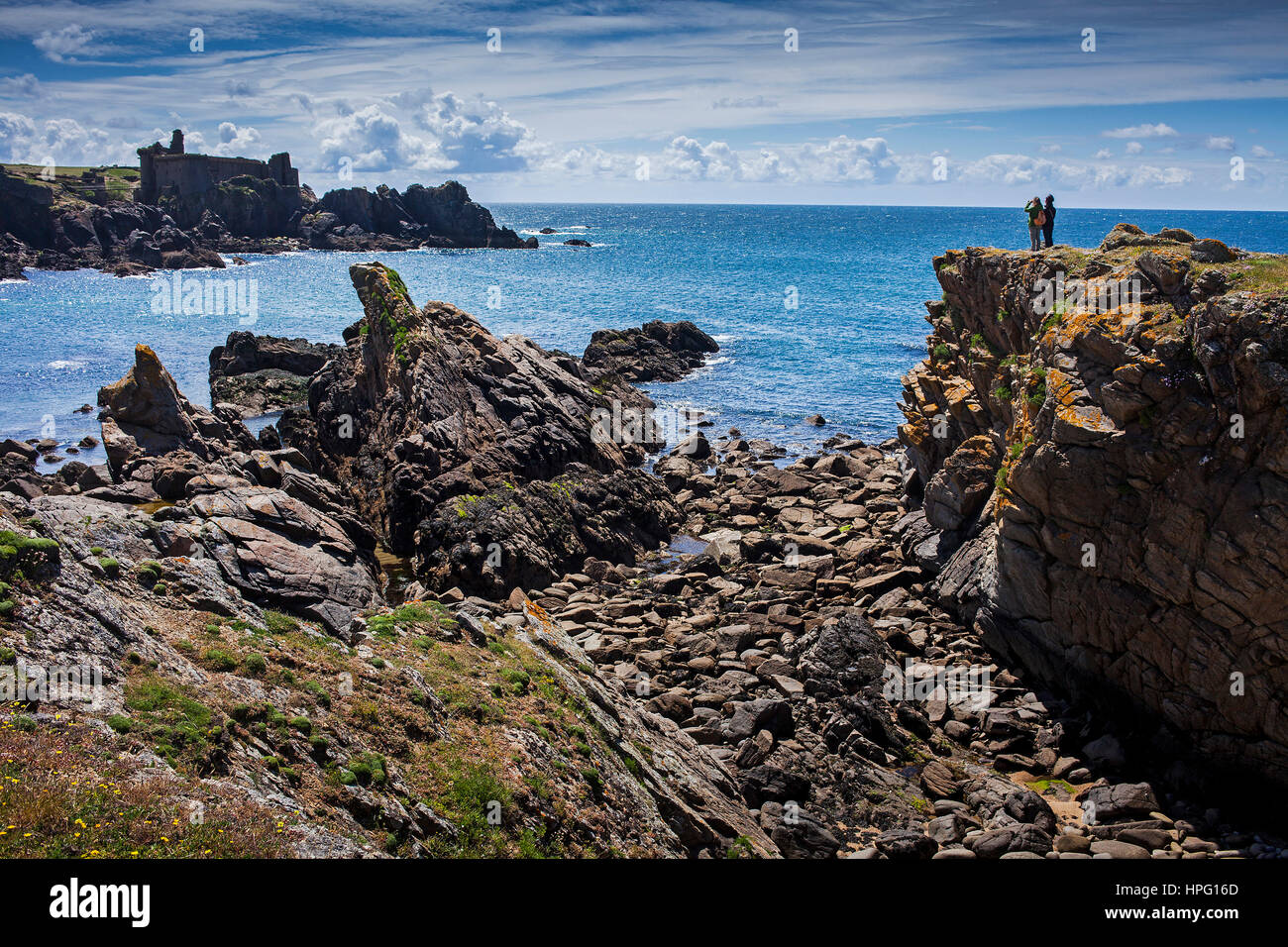 Wild Coast, in background the Old castle, Ile d' Yeu, Vendee, France ...