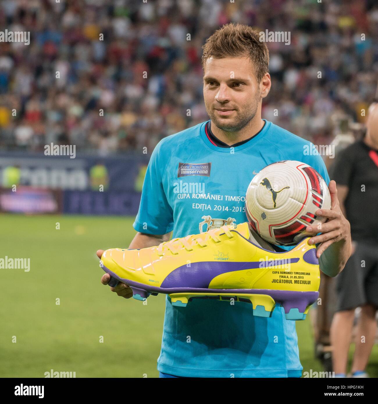 May 31, 2015: Adrian Popa #77 of FCSB and his player of the match ...